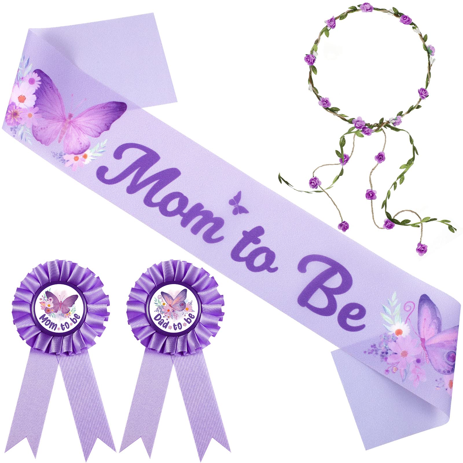 Butterfly Theme Mom to Be Sash Baby Shower Dad to Be Pin and Purple Flower Crown Headband for Gender Reveals Party Baby Shower Party Favors Decorations for Girls Pregnancy Photo Props Keepsake Gifts