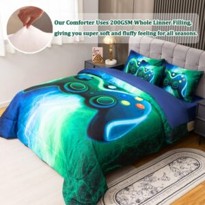 ASKOTU 6 Pcs Gamer Full Bedding Set for Boys, Blue Green Lightnings Bed in A Bag Full Size Gaming Comfortter Set with Sheets for Boys