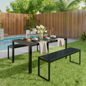 vicllax outdoor dining set all weather patio furniture with slatted patio dining table and 2 outdoor benches for backyard garden poolside deck, 3 pieces black