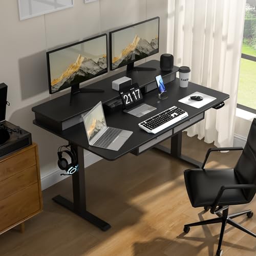 ExaDesk Electric Standing Widened Desk 63 * 30 Inches Adjustable Height with 4 Drawers, Double Storage Shelves Stand Up Desk, Home Office Workstation Sit Stand up Desk (Classical Black)