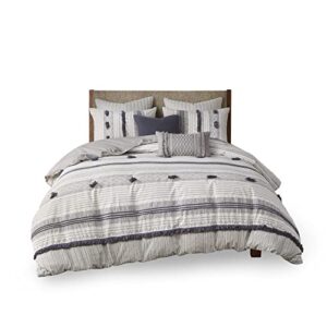 ink+ivy cody cotton duvet set - geometric modern design with fringe tassel trim and pom accent, all season, breathable cover for comforter bedding, shams, king/cal king(104"x92") gray/navy 3 piece