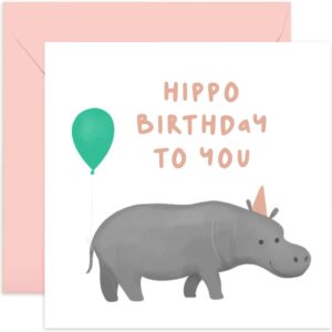 old english co. hippo birthday to you card - funny birthday card for men and women - cute hippo birthday card design for him or her - hilarious hippo pun | blank inside with envelope