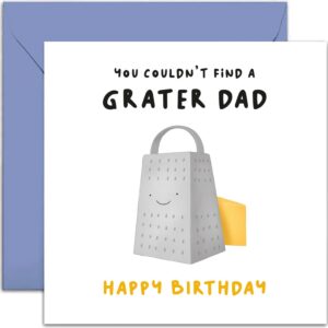 old english co. fun birthday card for dad - 'no grater dad' cheese pun birthday card for him from son or daughter - hilarious birthday card for dads | blank inside with envelope