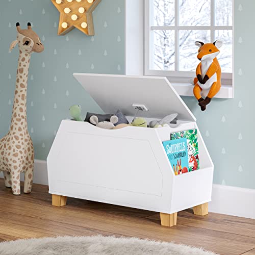 RiverRidge Kids Catch-All Collection Toy Box with Side Book Shelves Child-Safe Toy Storage Organizer With Childrens Bookshelf Side Slots For Kids Game And Book Storage - White