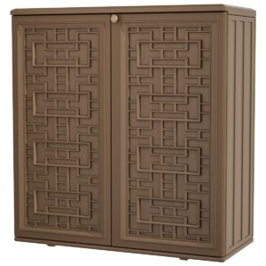 kinying outdoor storage cabinet waterproof, resin 60 gallon deck box for patio furniture cushions, garden tools, pool tools and kids’ toys (dark brown with 1 shelving)