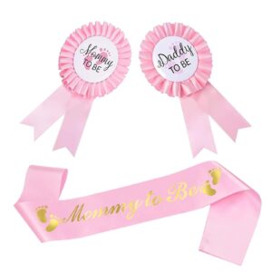 3 packs baby shower decorations mommy to be sash, daddy and mommy to be badge pin button for baby shower celebration gender reveals party favor new dad mom gifts (pink)