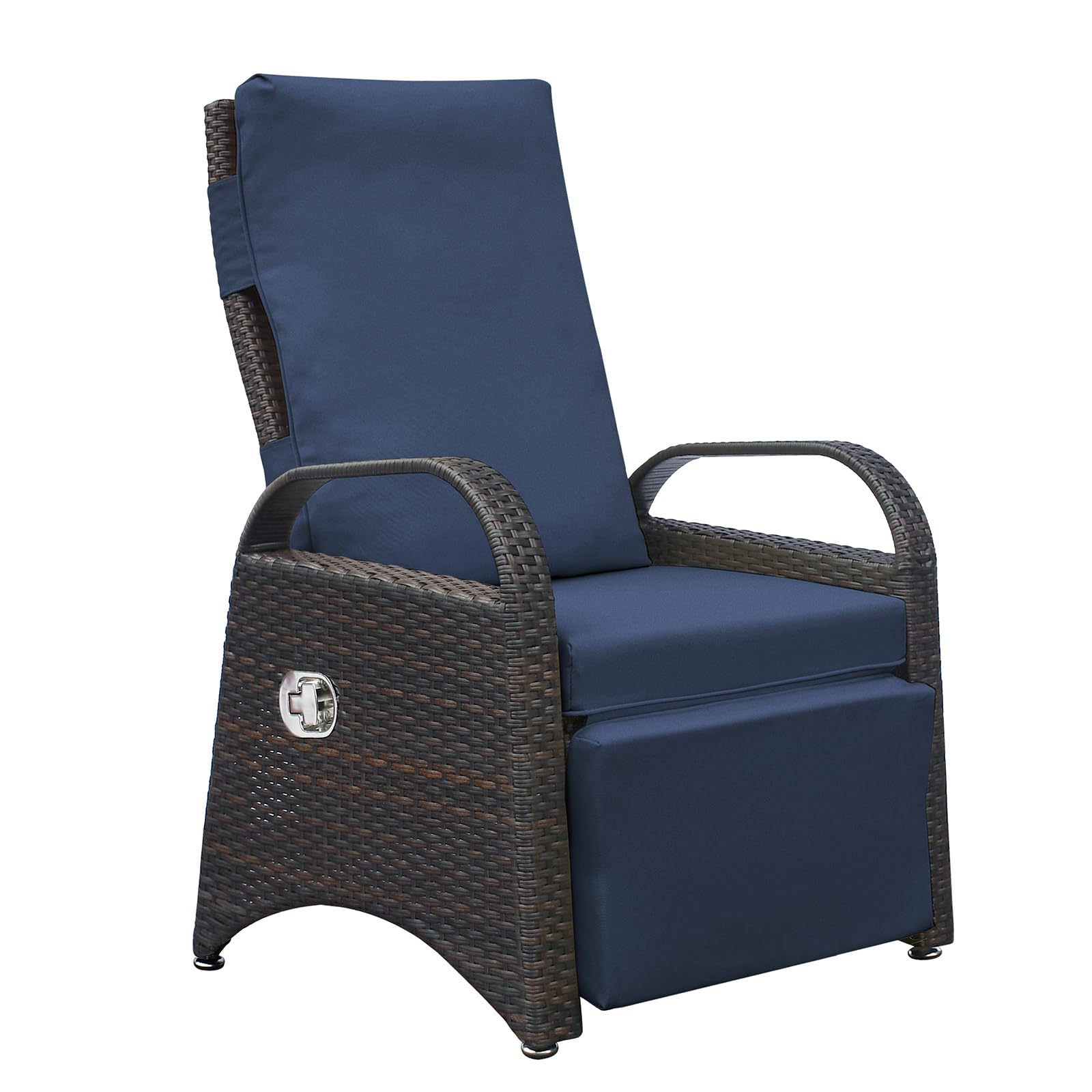 Outdoor Recliner Chair, PE Wicker Adjustable Reclining Lounge Chair and Removable Soft Cushion, with Modern Armchair and Ergonomic for Home, Sunbathing or Relaxation (Brown+Navy)