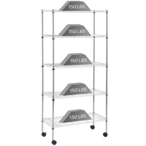 dkelincs wire shelving unit 30''l×14''w×60''h nsf metal storage shelves 5 tier height adjustable wire shelf with 4 wheels for kitchen office pantry bathroom garage, chrome