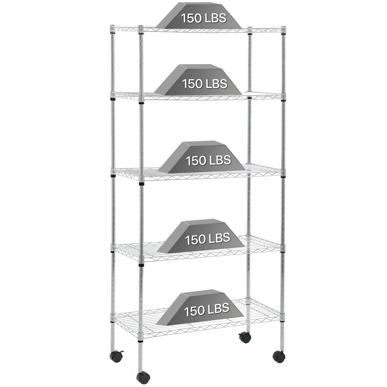 Dkelincs Wire Shelving Unit 30''L×14''W×60''H NSF Metal Storage Shelves 5 Tier Height Adjustable Wire Shelf with 4 Wheels for Kitchen Office Pantry Bathroom Garage, Chrome