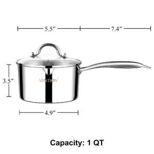 VENTION Tri-Ply Stainless Steel 1 Quart Saucepan with Lid, Bright Small Sauce Pan with Pour Spout, Small Pots for Cooking, Right Hand