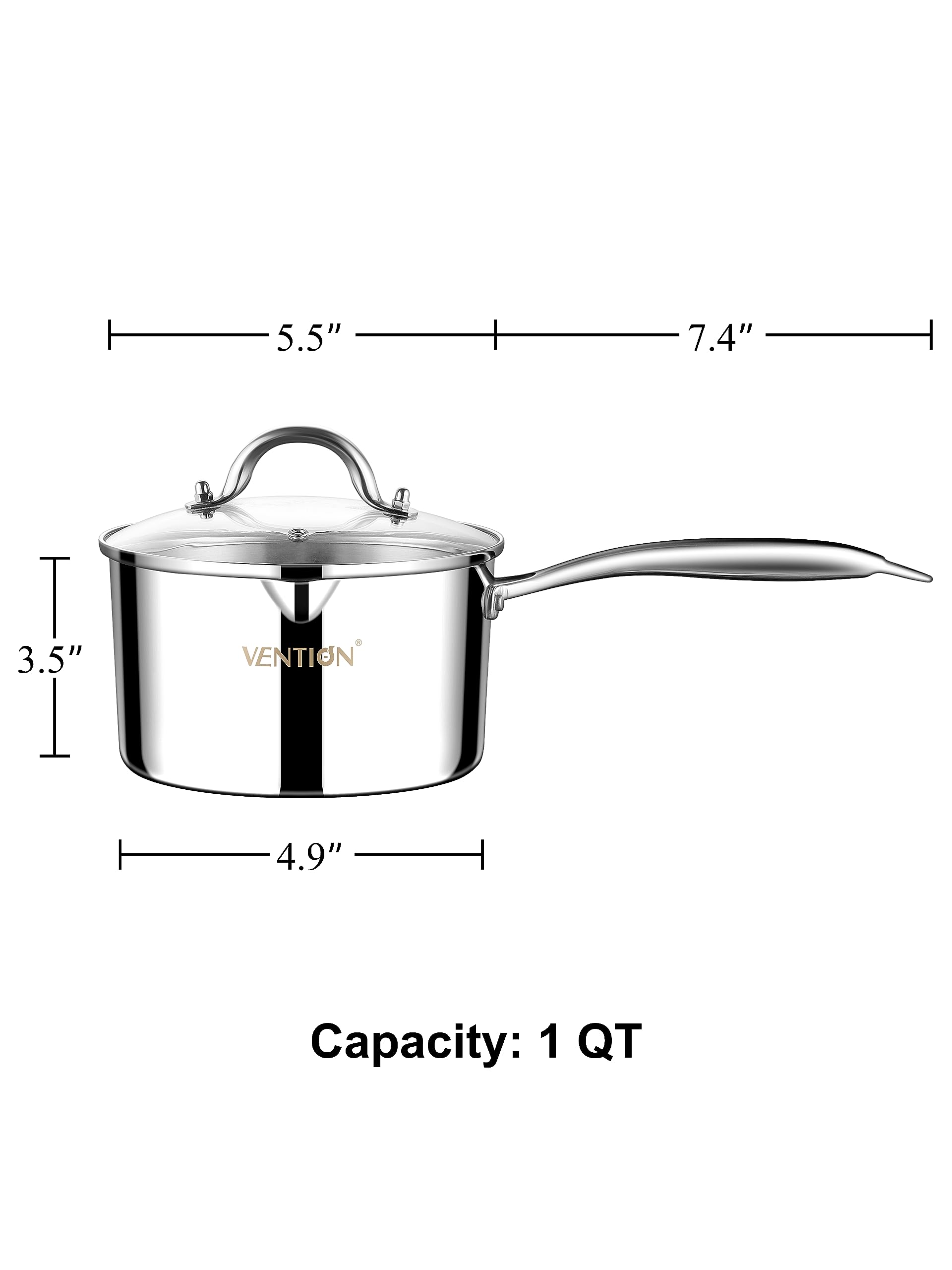 VENTION Tri-Ply Stainless Steel 1 Quart Saucepan with Lid, Bright Small Sauce Pan with Pour Spout, Small Pots for Cooking, Right Hand