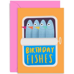 old english co. birthday fishes card for men and women - funny happy birthday greeting card for him or her - sardine fish can - for brother, sister, cousin, friend | blank inside with envelope