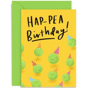 old english co. hap-pea birthday card for men and women - funny pea pun birthday card for him or her - birthday card for son, daughter, mum, dad, brother, sister | blank inside with envelope