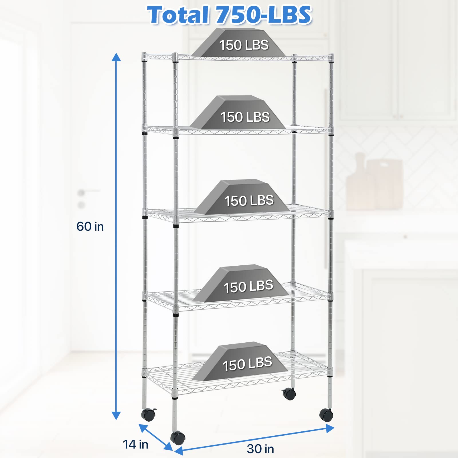 Dkelincs Wire Shelving Unit 30''L×14''W×60''H NSF Metal Storage Shelves 5 Tier Height Adjustable Wire Shelf with 4 Wheels for Kitchen Office Pantry Bathroom Garage, Chrome