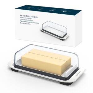 kitchendao large airtight butter dish with lid for countertop and fridge, butter keeper, plastic butter holder tray for 2 sticks east coast/west coast/european style/ kerrygold butter/ cream cheese