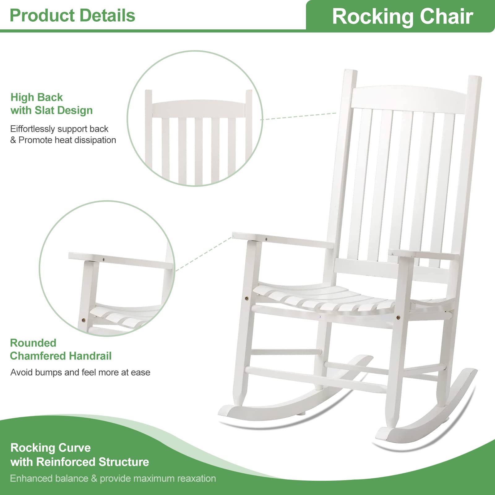 BSTOPHKL Outdoor Rocking Chairs Set of 2 Patio Rocker Chair with High Back and Handrail Porch Rocker for Garden Front Porch Patio Backyard, White