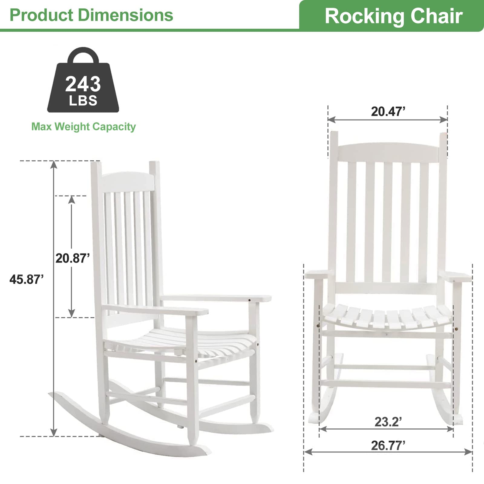 BSTOPHKL Outdoor Rocking Chairs Set of 2 Patio Rocker Chair with High Back and Handrail Porch Rocker for Garden Front Porch Patio Backyard, White