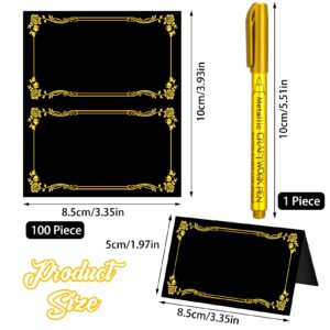 Chenkaiyang 100 Pcs Black Place Cards and Gold Pen for Weddings, Name Cards with Gold Foil Border for Table Setting Folded Table Tents Sign for Buffet Banquet Parties Events Celebrations