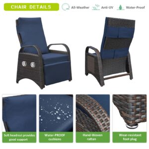 Outdoor Recliner Chair, PE Wicker Adjustable Reclining Lounge Chair and Removable Soft Cushion, with Modern Armchair and Ergonomic for Home, Sunbathing or Relaxation (Brown+Navy)