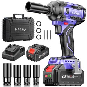 elikliv cordless impact wrench 1/2 inch, 500ft-lbs max torque(650n.m), 21v 3000 rpm power impact gun with 4 sockets, 4000mah battery with fast charger, electric impact driver for car truck tires home