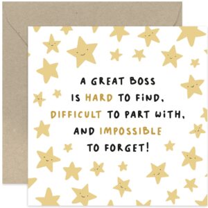 old english co. fun stars leaving card for boss - 'impossible to forget' leaving card for him or her from work team - thank you good luck retirement card for boss | blank inside with envelope