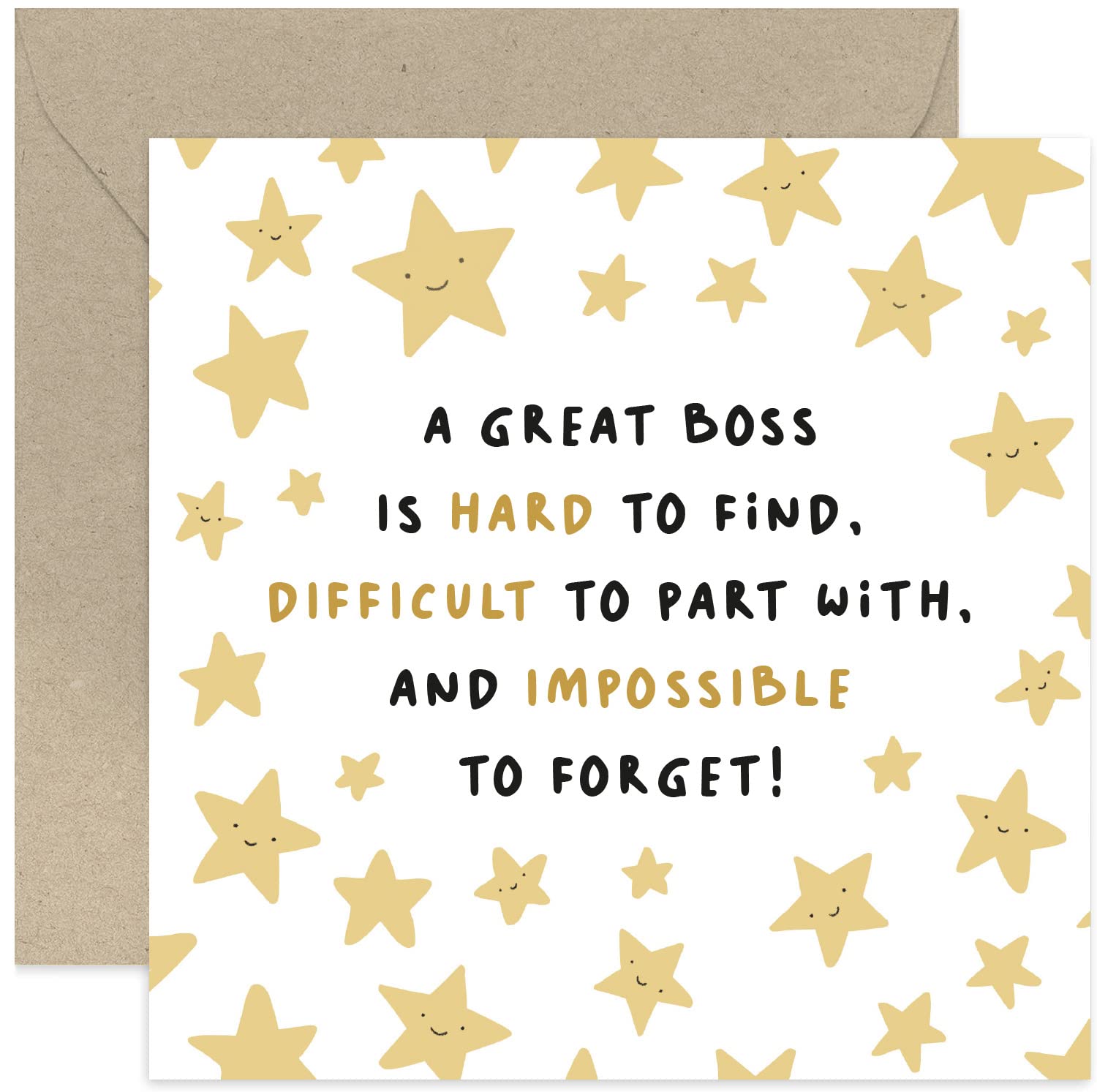 Old English Co. Fun Stars Leaving Card for Boss - 'Impossible To Forget' Leaving Card for Him or Her from Work Team - Thank You Good Luck Retirement Card for Boss | Blank Inside with Envelope