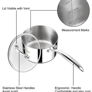 VENTION Tri-Ply Stainless Steel 1 Quart Saucepan with Lid, Bright Small Sauce Pan with Pour Spout, Small Pots for Cooking, Right Hand