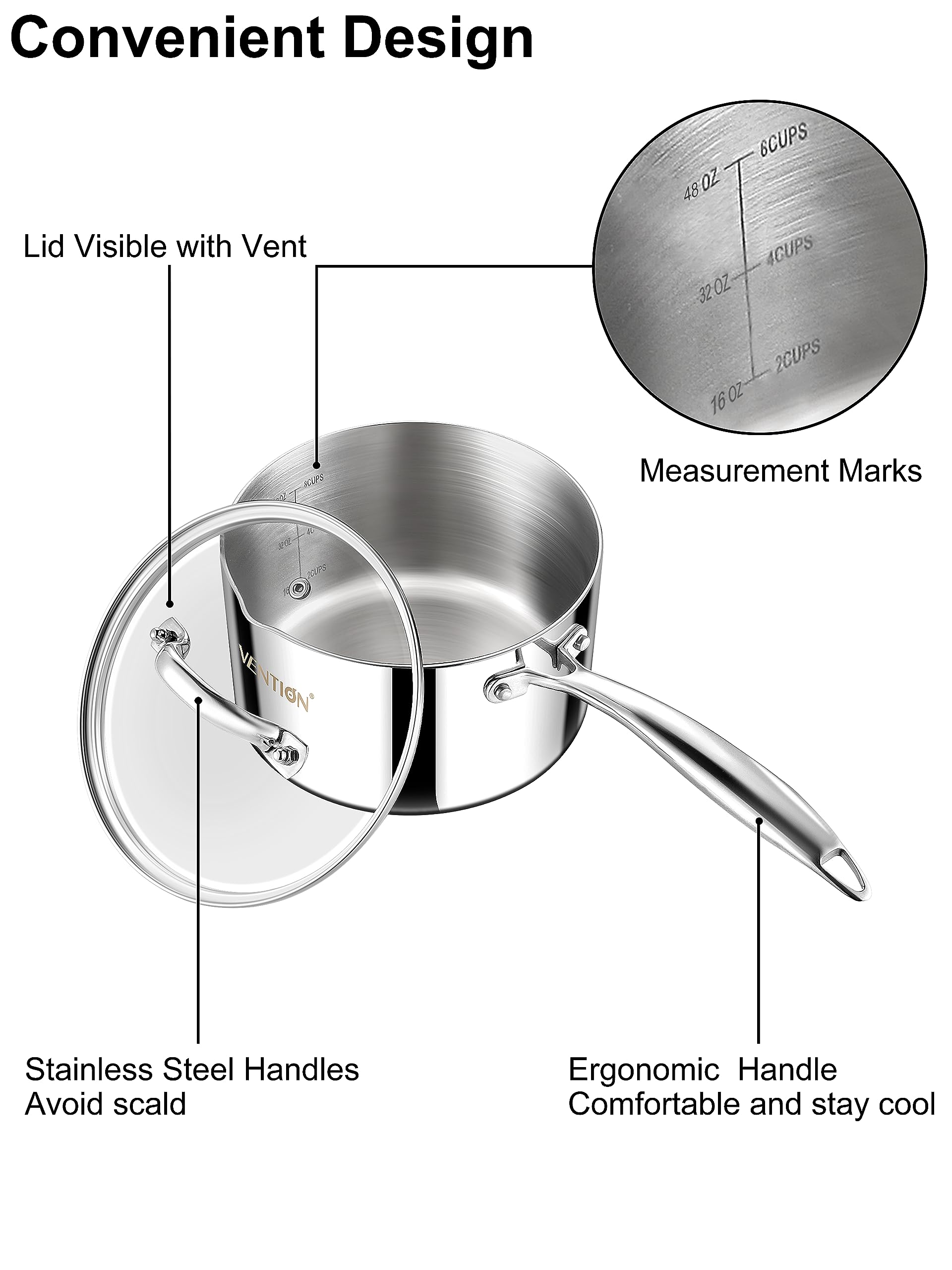 VENTION Tri-Ply Stainless Steel 1 Quart Saucepan with Lid, Bright Small Sauce Pan with Pour Spout, Small Pots for Cooking, Right Hand