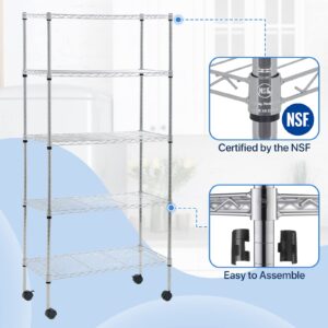 Dkelincs Wire Shelving Unit 30''L×14''W×60''H NSF Metal Storage Shelves 5 Tier Height Adjustable Wire Shelf with 4 Wheels for Kitchen Office Pantry Bathroom Garage, Chrome