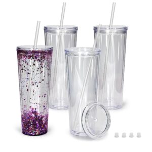 sweet grain snow globe tumblers(4 pack) - 24oz double wall acrylic tumblers for snow globe cups with pre drilled hole, lids, straws and hole stopper, clear snowglobe tumblers