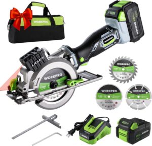 workpro 20v cordless mini circular saw, 4-1/2" compact wireless circular saw 4.0ah battery, fast charger, 3 saw blades, 4500rpm, laser guide, max cutting depth 1-11/16"(90°), 1-1/8"(45°)