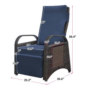 Outdoor Recliner Chair, PE Wicker Adjustable Reclining Lounge Chair and Removable Soft Cushion, with Modern Armchair and Ergonomic for Home, Sunbathing or Relaxation (Brown+Navy)