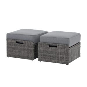 super patio outdoor wicker ottoman set of 2, all weather rattan patio ottoman set with thick cushion, 2 pieces footstool footrest seat for outside garden, balcony, living room, gray