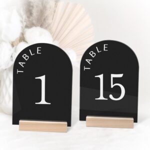 koskimer acrylic table numbers for wedding reception 1-15, modern arch wedding table numbers with wood stands, 5x7 inch table number signs and holders for wedding, anniversary, party, event