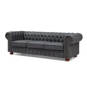 Bellemave Chesterfield Sofa Couch Faux Leather 3-Seater Sofa with Nailhead & Rolled Arms Upholstered Tufted Couches with Rubber Wood Legs for Living Room (Dark Grey)