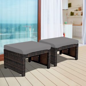 oralner outdoor ottoman, set of 2 wicker footstools, all-weather rattan foot stools w/removable cushions, patio footrest extra seating for porch, poolside, garden, deck, easy assembly (gray)