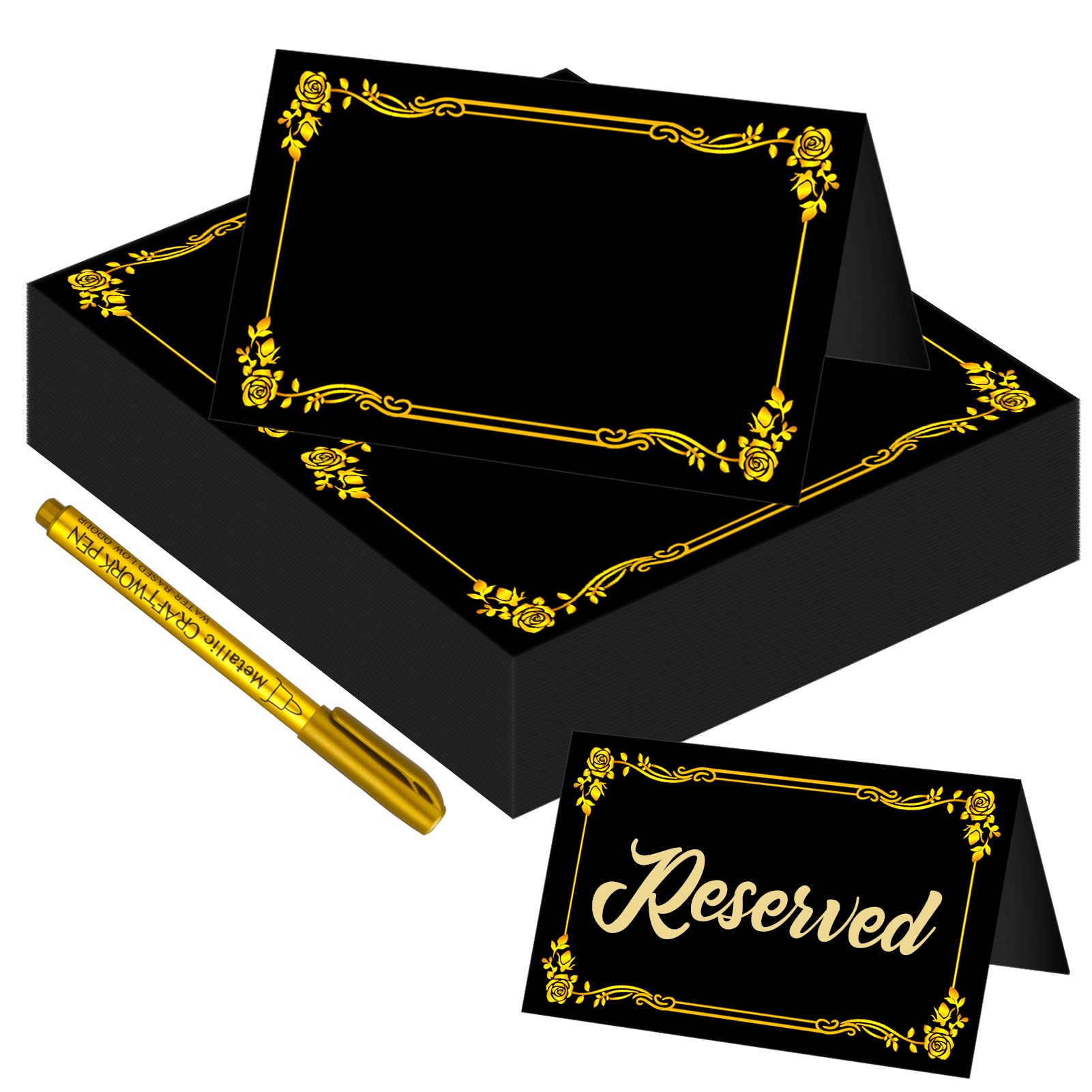 Chenkaiyang 100 Pcs Black Place Cards and Gold Pen for Weddings, Name Cards with Gold Foil Border for Table Setting Folded Table Tents Sign for Buffet Banquet Parties Events Celebrations