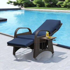 Outdoor Recliner Chair, PE Wicker Adjustable Reclining Lounge Chair and Removable Soft Cushion, with Modern Armchair and Ergonomic for Home, Sunbathing or Relaxation (Brown+Navy)