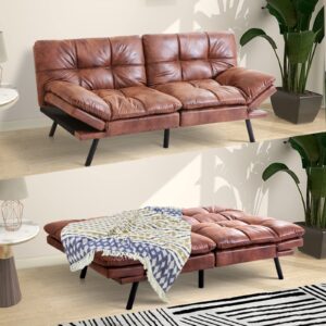 maxspeed sofa bed couch, memory foam futon sofa bed with mattress and frame included,comfortable brown faxu leather loveseat sleeper sofa for dorm apartment office college small space bedroom