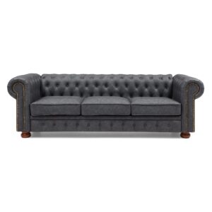 Bellemave Chesterfield Sofa Couch Faux Leather 3-Seater Sofa with Nailhead & Rolled Arms Upholstered Tufted Couches with Rubber Wood Legs for Living Room (Dark Grey)