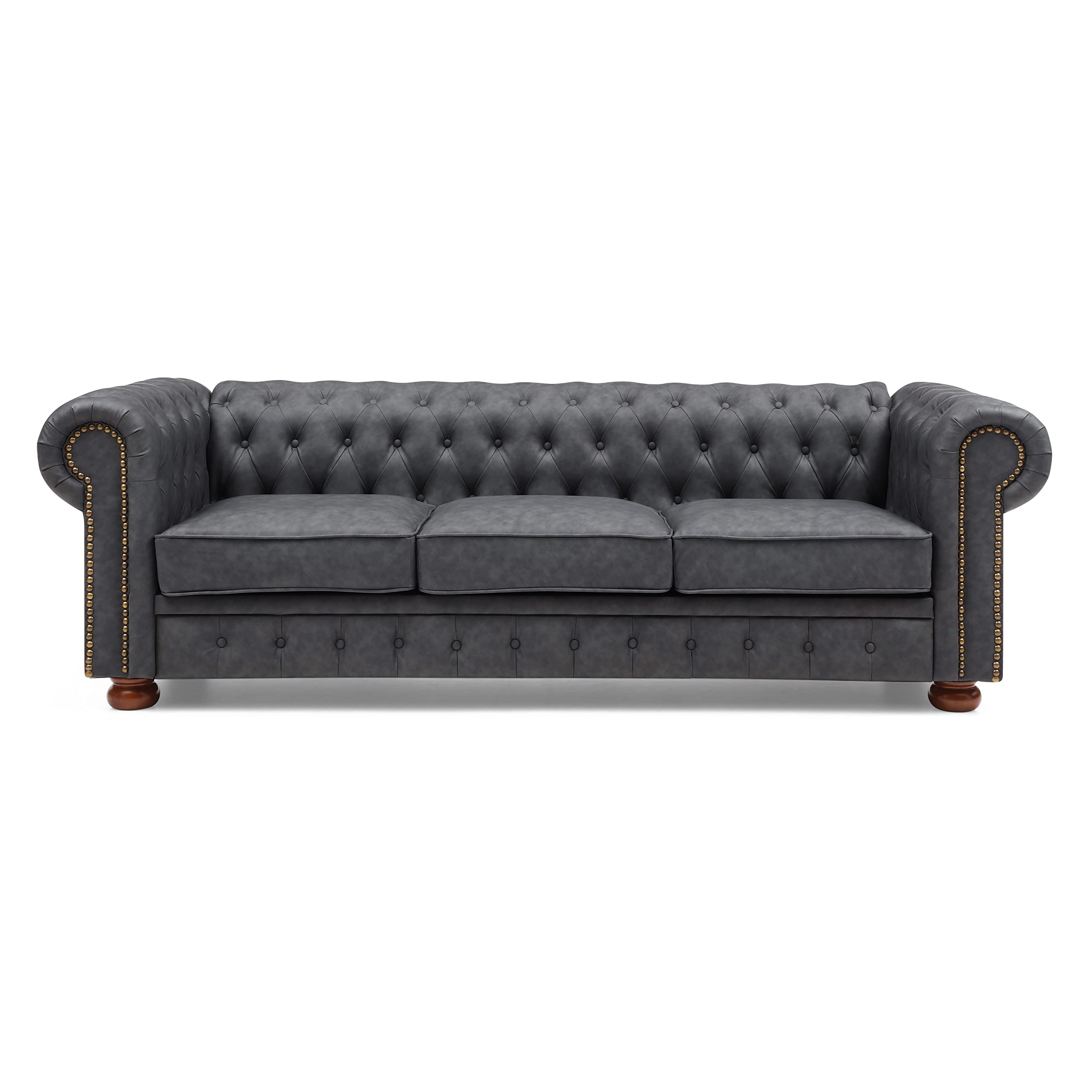 Bellemave Chesterfield Sofa Couch Faux Leather 3-Seater Sofa with Nailhead & Rolled Arms Upholstered Tufted Couches with Rubber Wood Legs for Living Room (Dark Grey)