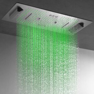 cascada luxury 16”x36” music led shower head with built-in bluetooth speakers, 4 functions (rainfall, waterfall, mist outlet & side rainfall) & remote control 64 color lights (polished gold)