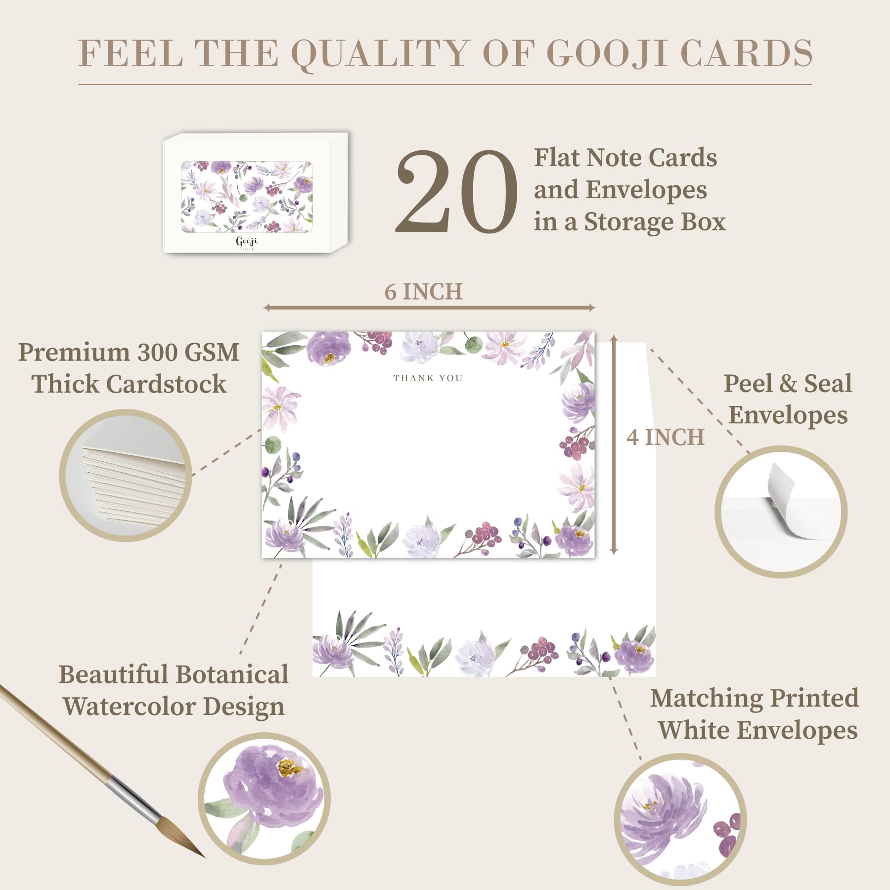 Gooji 4x6 Purple Floral Thank You Cards with Envelopes 20 Pack, Floral Blank Note Cards with Envelopes, Purple Thank You Cards, Tea Party Thank You, Thank You for Your Hospitality