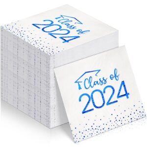 100pcs class of 2024 graduation napkins, disposable congrats grad paper cocktail napkins square foil dot hand towels for 2024 school university college graduation party decorations（blue）