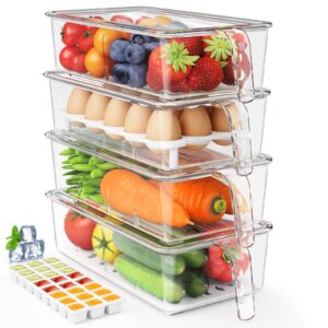 vivaive 4 pack fridge organizers and storage,clear refrigerator organizer bins with lids,egg container,ice cube tray,stackable pantry organizers with removable dividers,ideal fridge organization