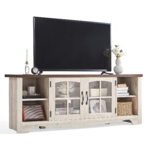 linsy home farmhouse tv stand for 65 inch tv, wood entertainment center with glass door storage cabinet & adjustable shelves, large sturdy tv console table for living room bedroom