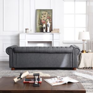 Bellemave Chesterfield Sofa Couch Faux Leather 3-Seater Sofa with Nailhead & Rolled Arms Upholstered Tufted Couches with Rubber Wood Legs for Living Room (Dark Grey)