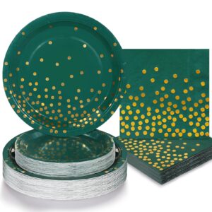 boocikey 150 pcs green plates and napkins party supplies,golden dot green paper plates for 50 guests,green and gold party decorations for holiday wedding graduation christmas party decorations