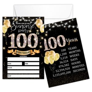 100th birthday party invitation card - black gold invites with birthday sign printing on the back double-sided fill-in invites - 20 cards with envelopes for party favors - srgold-a10