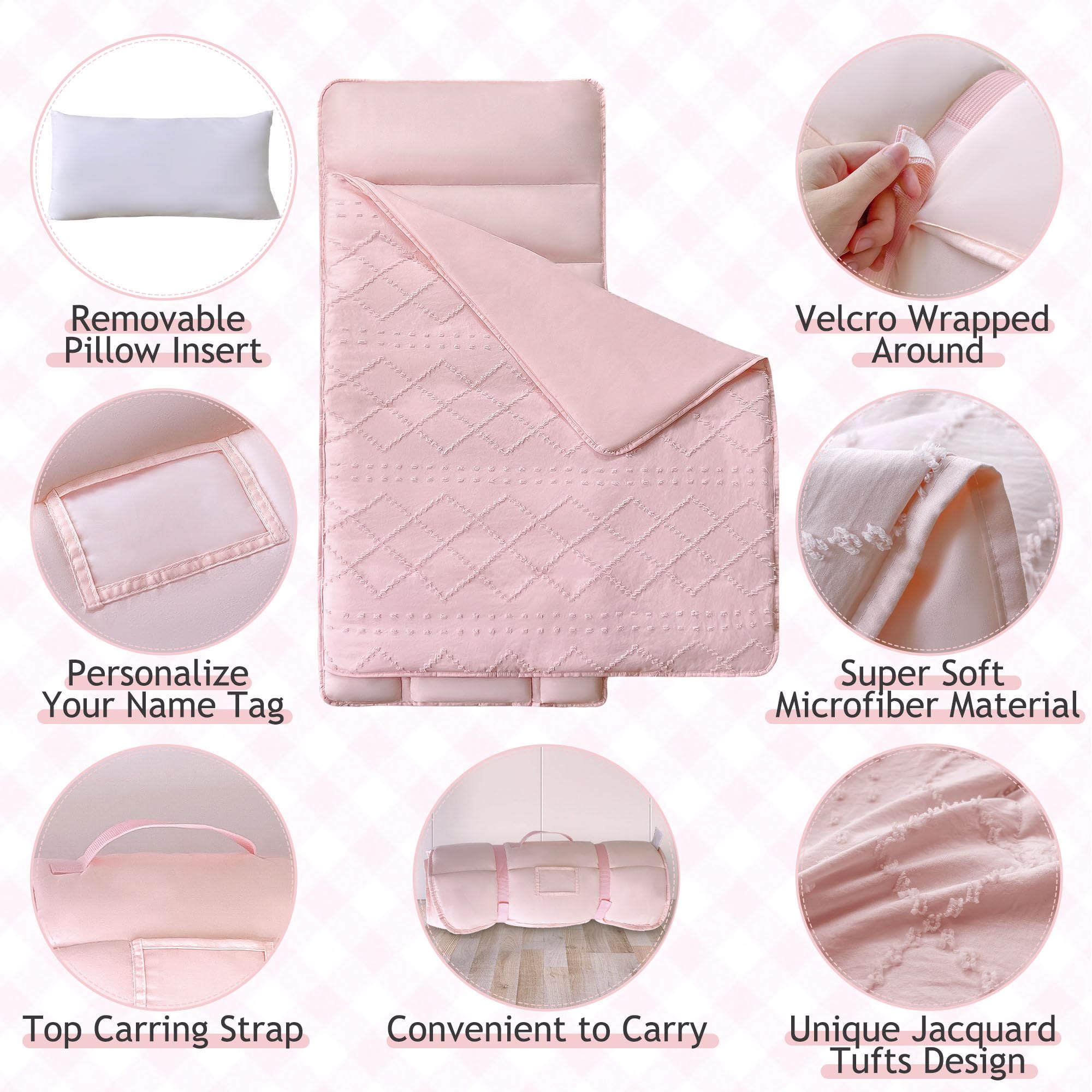 Tufted Toddler Nap Mats for Preschool Daycare Girls Pink Jacquard Tufts Kids Sleeping Mats Toddler Slumber Bag Nap Pad with Removable Pillow for Girls Boys Kindergarten Sleepovers Travel and Camping